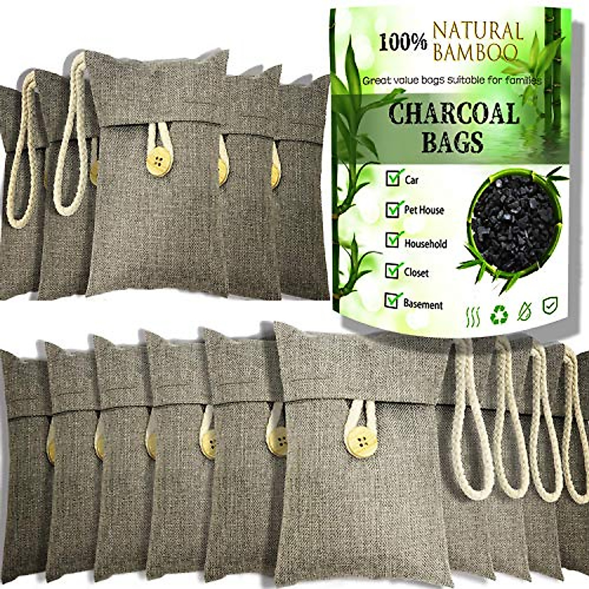 Charcoal bags Odor Absorber Activated Bamboo Charcoal Air Purifying Bag for Home Odor Eliminator Car Air Freshener for Closet Deodorizer Shoe Room Basement Litter Box Pet safe Bag 15Packs×100g
