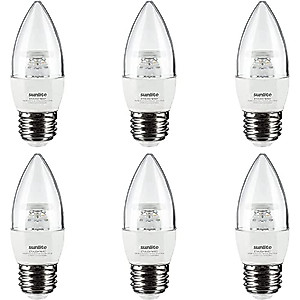 Sunlite LED B13 Torpedo Decorative Chandelier Light Bulb, 7 Watts (60W=), 500 Lumens, 120 Volts, Dimmable, E26 Base, Energy Star, 90 CRI, ETL Listed, Torpedo Clear, Title-20, 2700K Soft White, 6 Pack