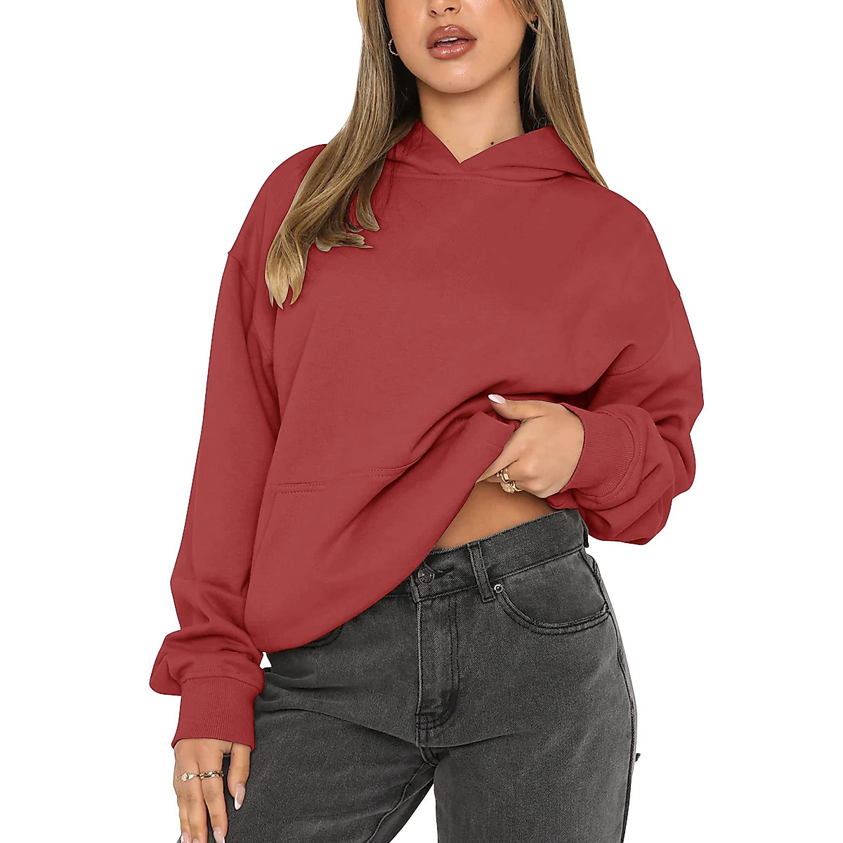 Fanway&EC Women's Casual Long Sleeve Hoodie Loose Fitted Sweatshirts Oversized Pullover Pocket Fall Tops Dark Red