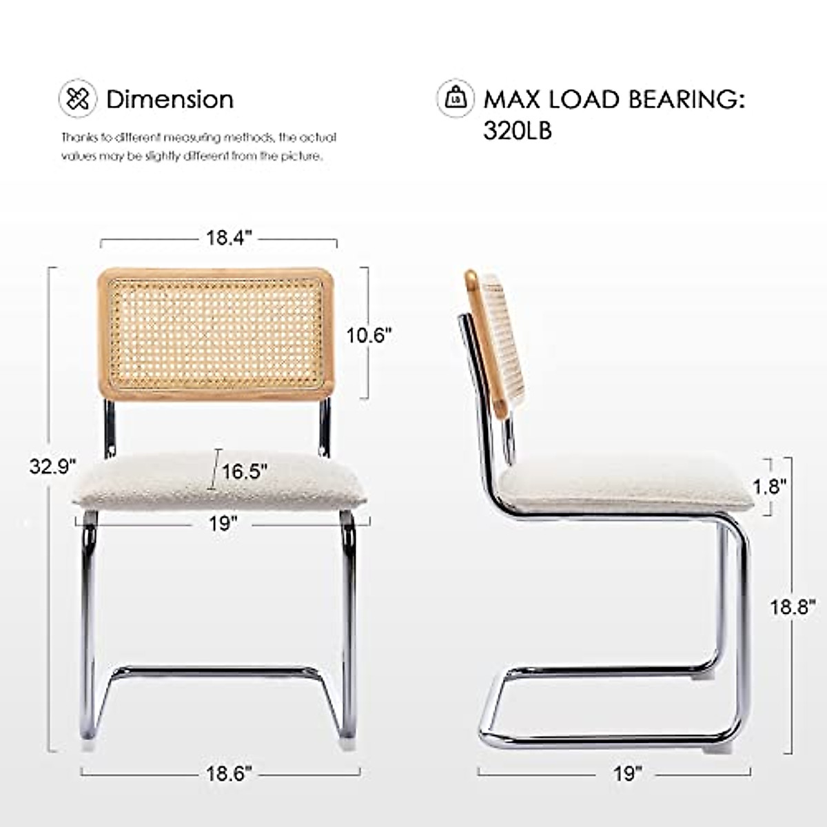 Zesthouse Mid-Century Modern Dining Chairs, Accent Rattan Kitchen Chairs, Armless Mesh Back Cane Chairs, Upholstered Fabric Chairs with Metal Chrome Legs, Set of 2, White