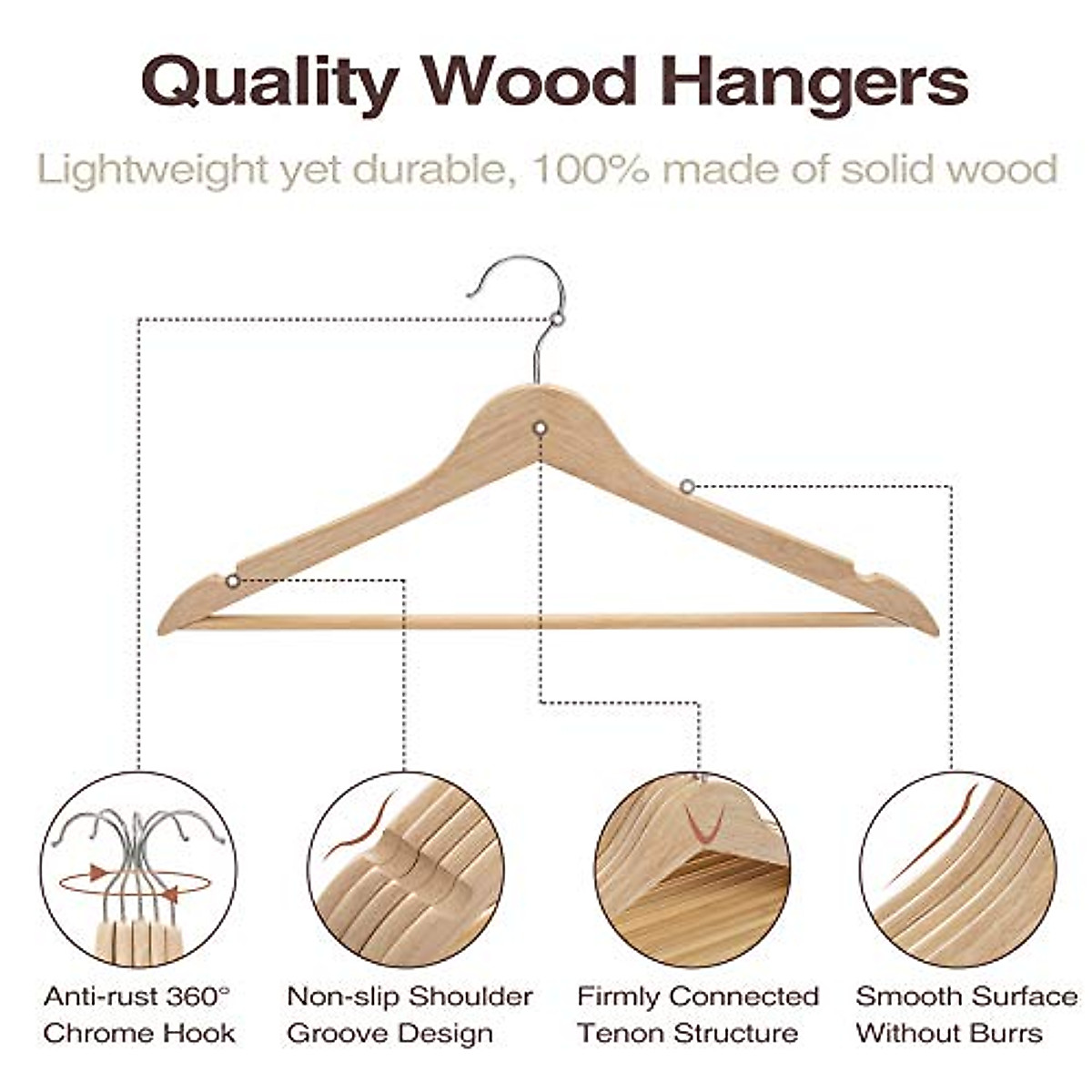 FairyHaus Wooden Hangers 20 Pack, Natural Wood Hangers with 360° Swivel Hook and Notches, Slim & Lightweight Hangers Wood for Clothes Coat Suit Jacket