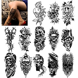 PADOUN Halloween Temporary Tattoo, 15-Sheet Black Skull Rose Flower Tattoos Temporary Realistic, Waterproof Girls Tattoos Temporary for Kids Adult