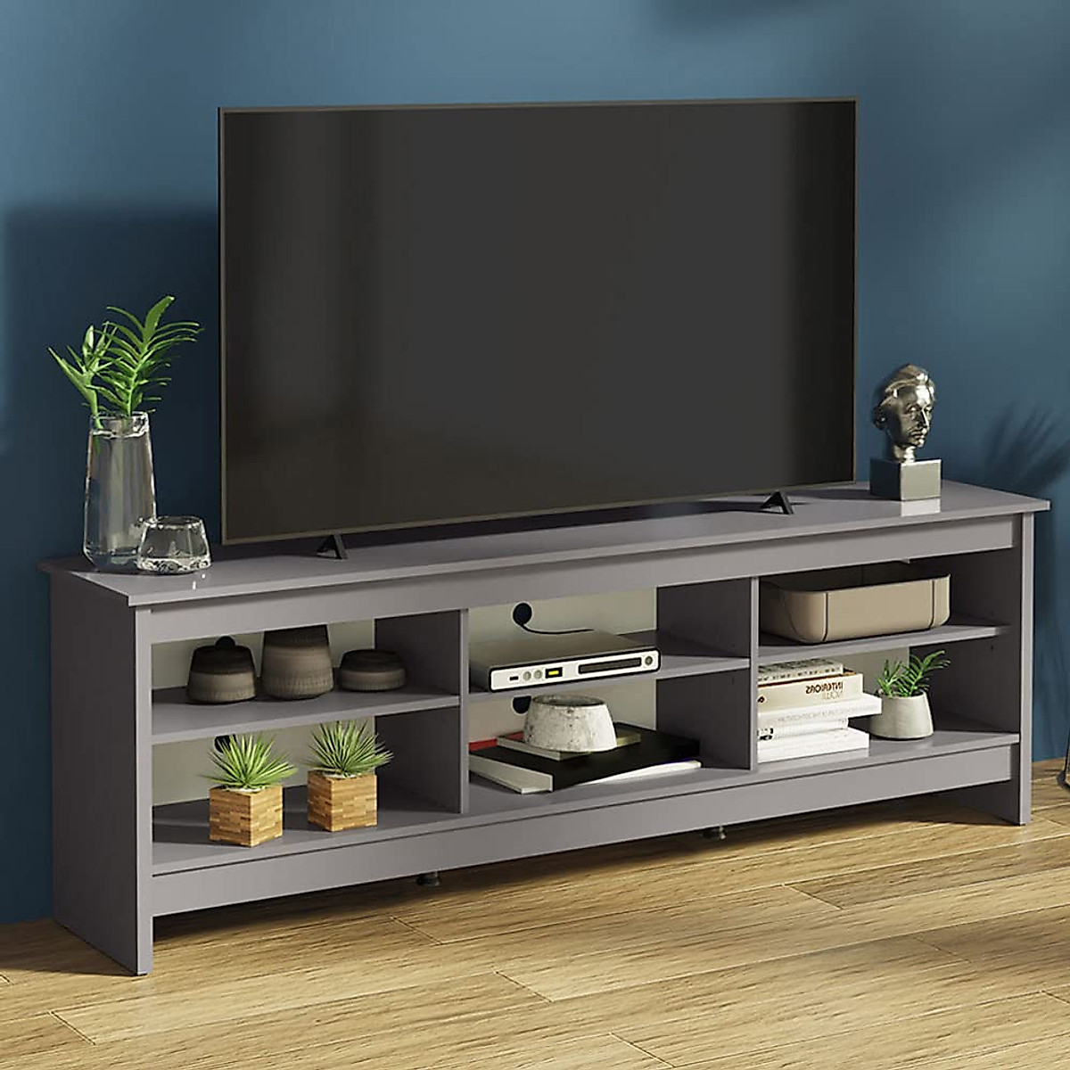 Madesa Media Console TV Stand Entertainment Center with 6 Shelves and Cable Management for 65, 75 Inch Television Living Room and Bedroom Modern Wooden - Grey