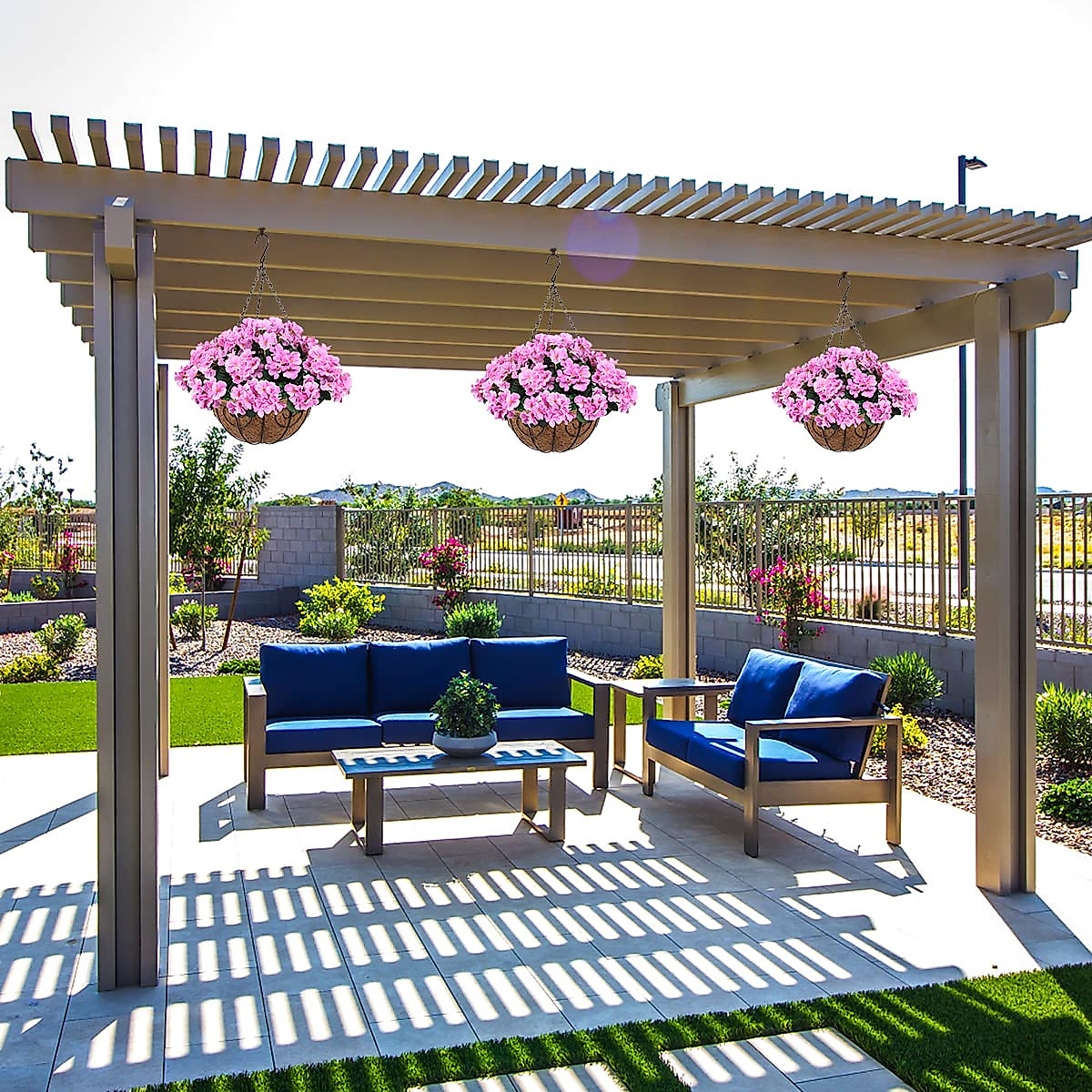 ZFProcess Artificial Flowers Hanging Basket with Begonia Silk Flowers for Outdoor/Indoor, Artificial Geranium Flowers in 12'' Basket for Patio Lawn Garden Summer Decoration(Deep Pink)