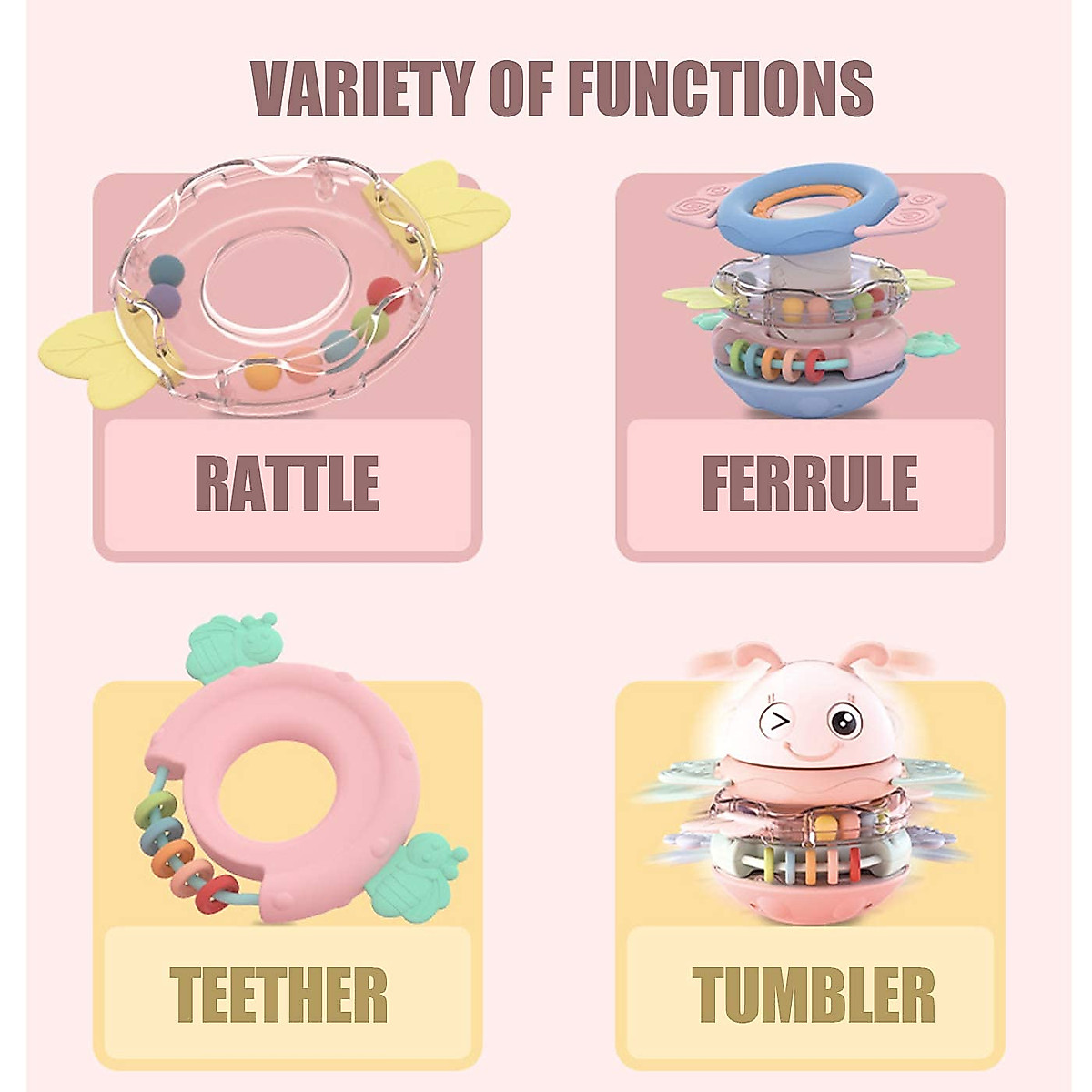 MOAOZ Baby Rattles,Stacking Ring Toys for 6 to 12 Months Girls Boys ,Music Toys for 18 Months, Early Learning Toys for Toddlers 6 Months,Gift for Newborn nfants 3-6, 12-18 Months (Pink)