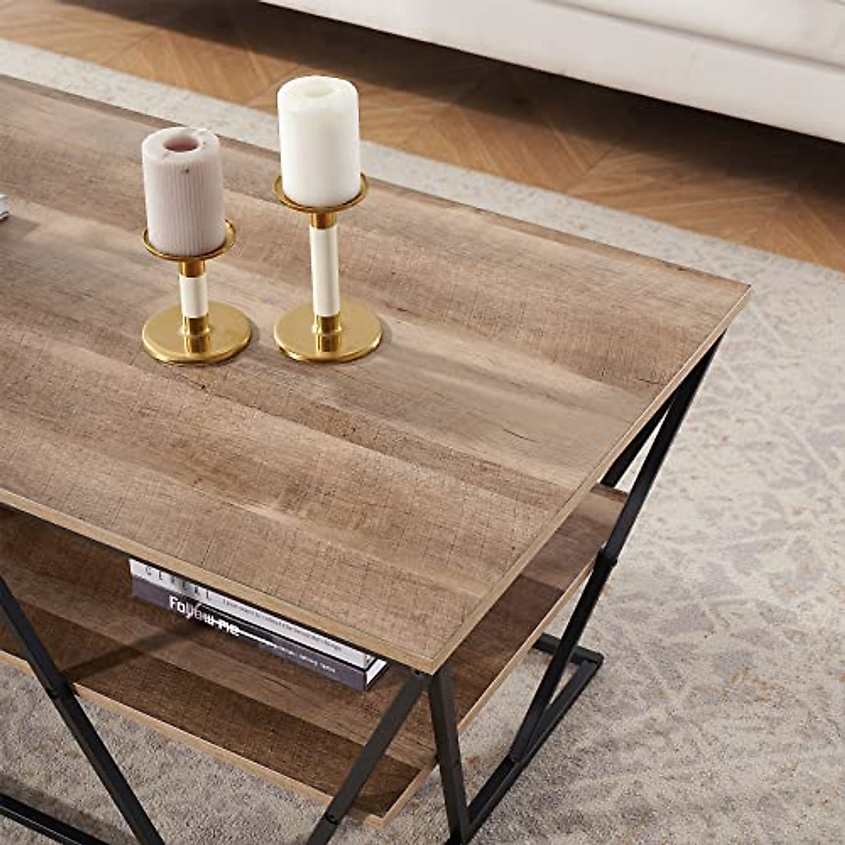 TTHAETUR Industrial Coffee Table for Living Room, 47inch Wooden Center Table with Large Storage Shelf, 2-Tier Mid Century Modern Coffee Table, Rustic Oak