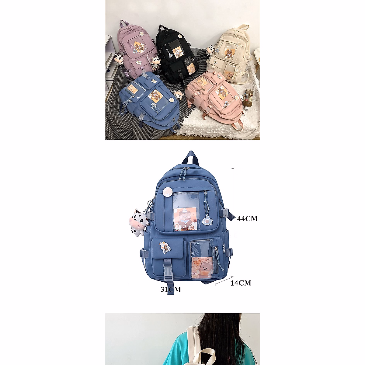 Kawaii Backpack with Pins Kawaii School Backpack Cute Aesthetic Backpack Cute Kawaii Backpack for School (Beige,With Accessories)