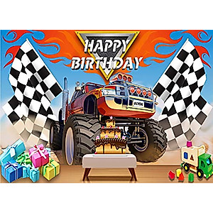 Monster Truck Backdrop Photography Photo Booth Props Children Happy Birthday Banner Supplies Grave Digger Speed Checkered Flag Photo Background Baby Shower Cars Party Decoration 5x3ft Vinyl