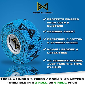 GRIP MAMBA Elastic Athletic Finger Tape, 1”Wide w/Premium Adhesive, Protects Hand Thumb Fingers Enhances Grip, Sleeve Blister Wrap for Sports, Golf, Tennis, Basketball, Pickleball (Blue, 3 Rolls)