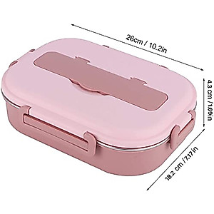 Raviga Stainless Steel Lunch Box 4 Compartments Portable Bento Box for Kids Student or Adult Food Storage Containers with Lids Airtight Soup Bowl And Tableware Large Capacity 50-oz(Pink)
