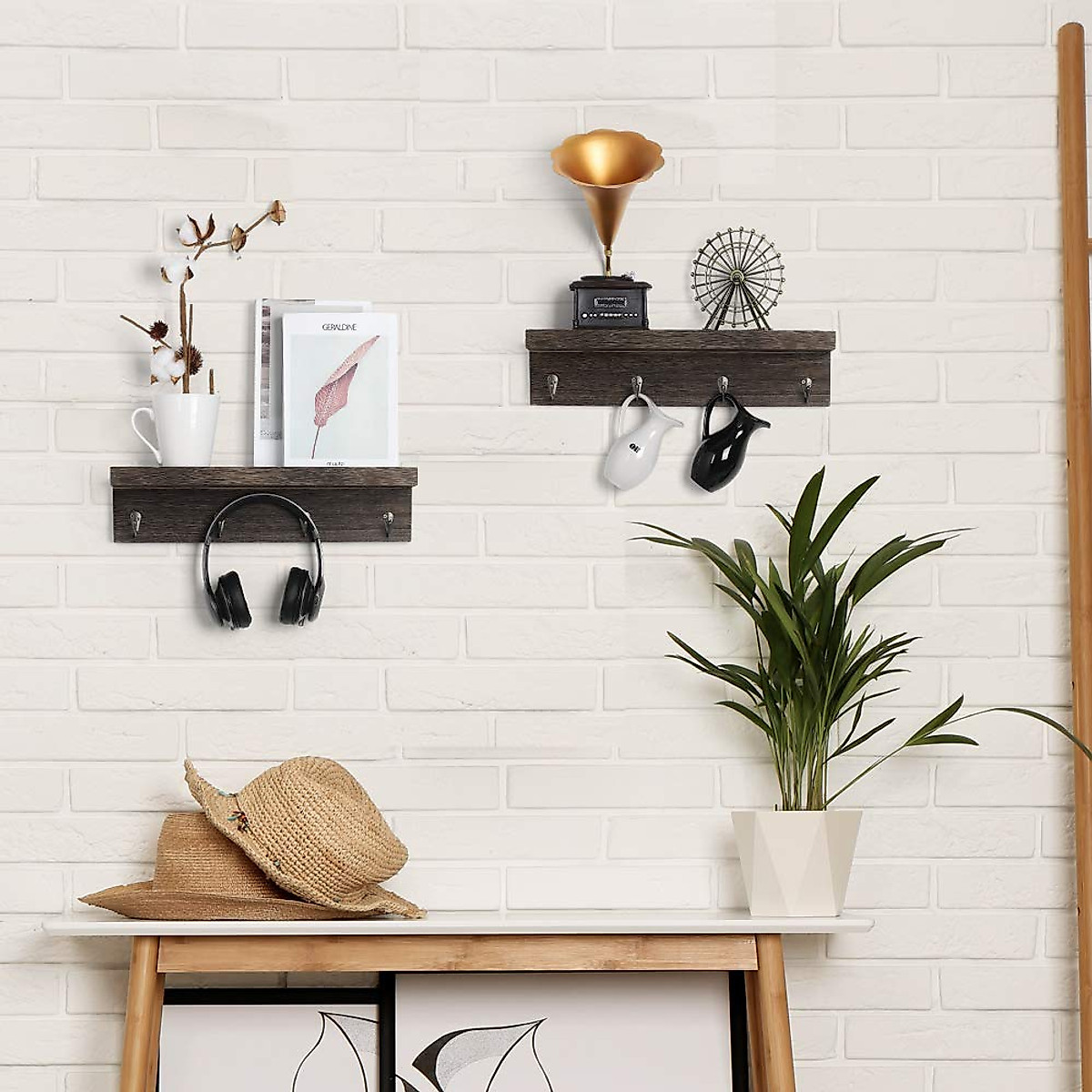 LIANTRAL Coat Rack Wall Mount, Set of 2 Wall Shelf with Hooks, 4 Coat Hooks & Wood Shelf, Wall Hooks for Hats, Coats, Keys, Entryway, Mudroom, Living Room