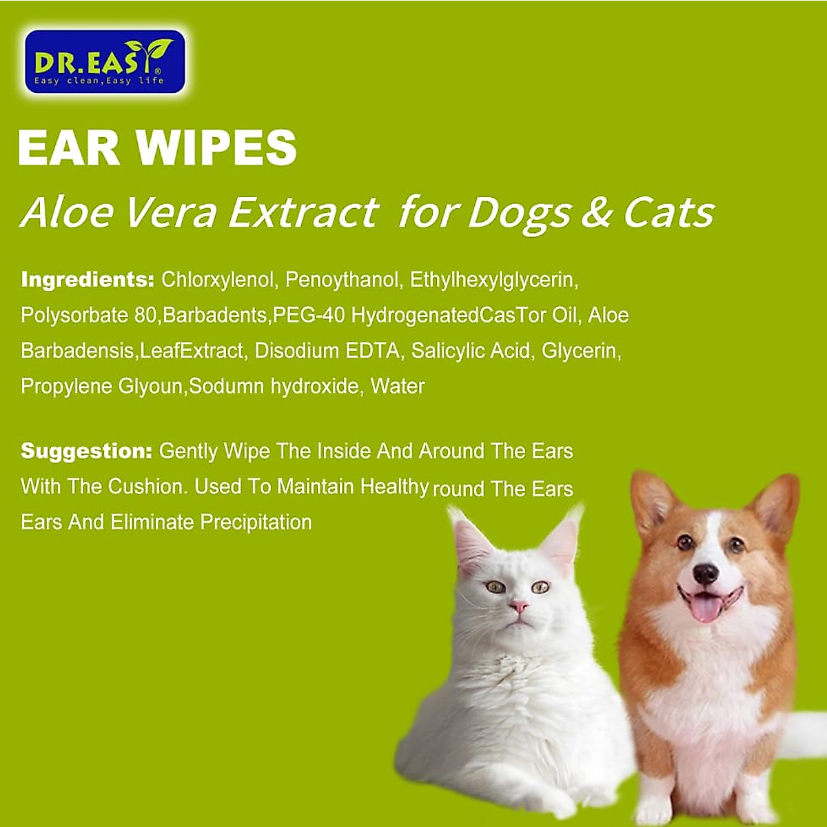Dr.Easy Pet Ear Grooming Wipes 120ct for Dogs &Cats Fragrance Free,Helps Dissolve Wax Build-Up and Control Ear Odor,flushable & Compostable,Stop Ear Itching Natural Cleansing (120ct)