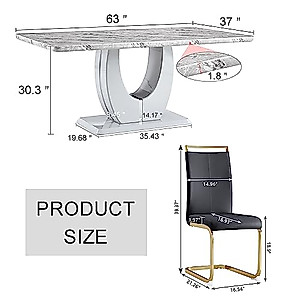 JUFU Modern Dining Table Set for 6,Rectangula Kitchen Table Set with Faux Marble Tabletop＆6 Pu Leather Upholstered Chairs Ideal for Dining Room, Kitchen