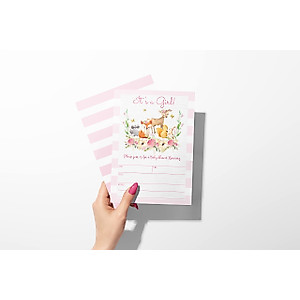 Your Main Event Prints Pink Woodland Baby Shower Invitations, Forest Animal Baby Shower Invitations for girl, with Bear, Raccoon, Deer, Baby Sprinkle, 20 Fill in Invitations and Envelopes