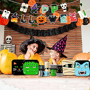Halloween Party Supplies Kit for 24 Guests - Halloween Design with Disposable Dinner & Dessert Plates, Napkins, Cups, Tablecloth, and Banner -for Halloween Birthday Party Decorations