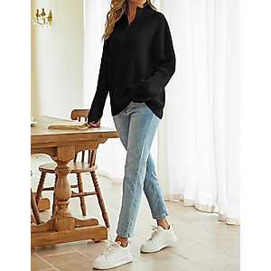 MEROKEETY Women's 2024 Long Sleeve Chunky Knit Sweaters 1/4 Zip Polo V Neck Casual Pullover Tops,Black,S