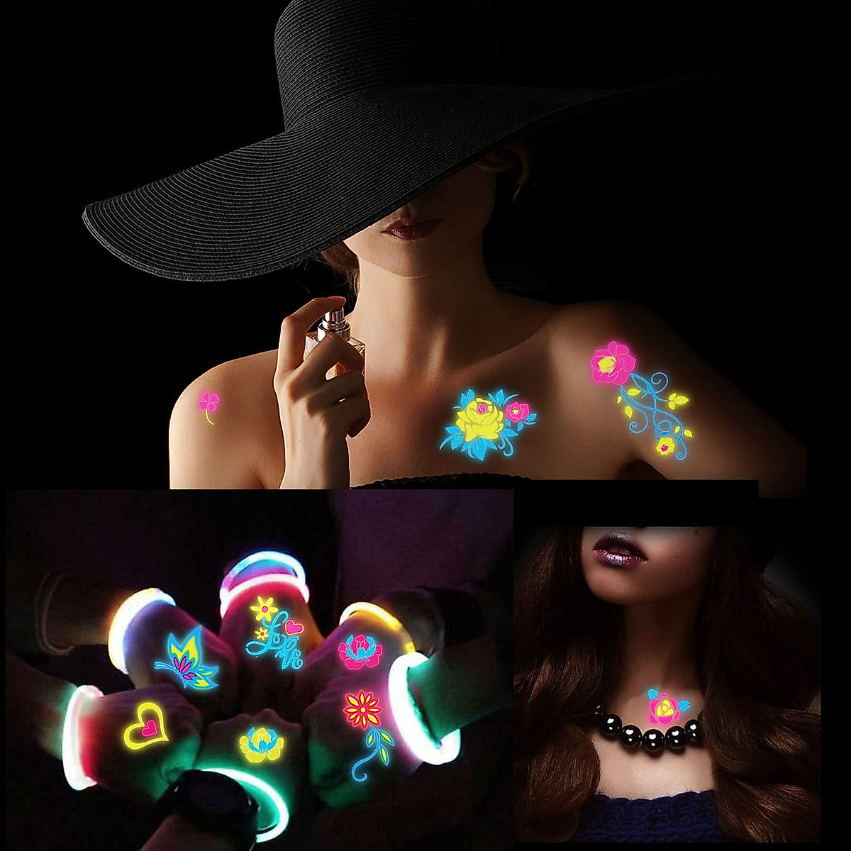 HOWAF 9 Large Sheets Neon Glow in The Dark Temporary Tattoos,100+ Assorted Designs Glow UV Neon Body Face Flowers Butterfly Flash Fake Waterproof Tattoo Stickers for Women Men Girls Body Art