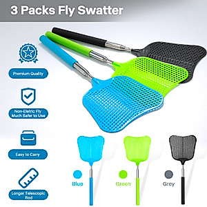Telescopic Fly Swatter, Hiway 3 Pack Fly Swatter for Indoors Plastic Flyswatter Heavy Duty with Stainless Steel Telescopic Handle