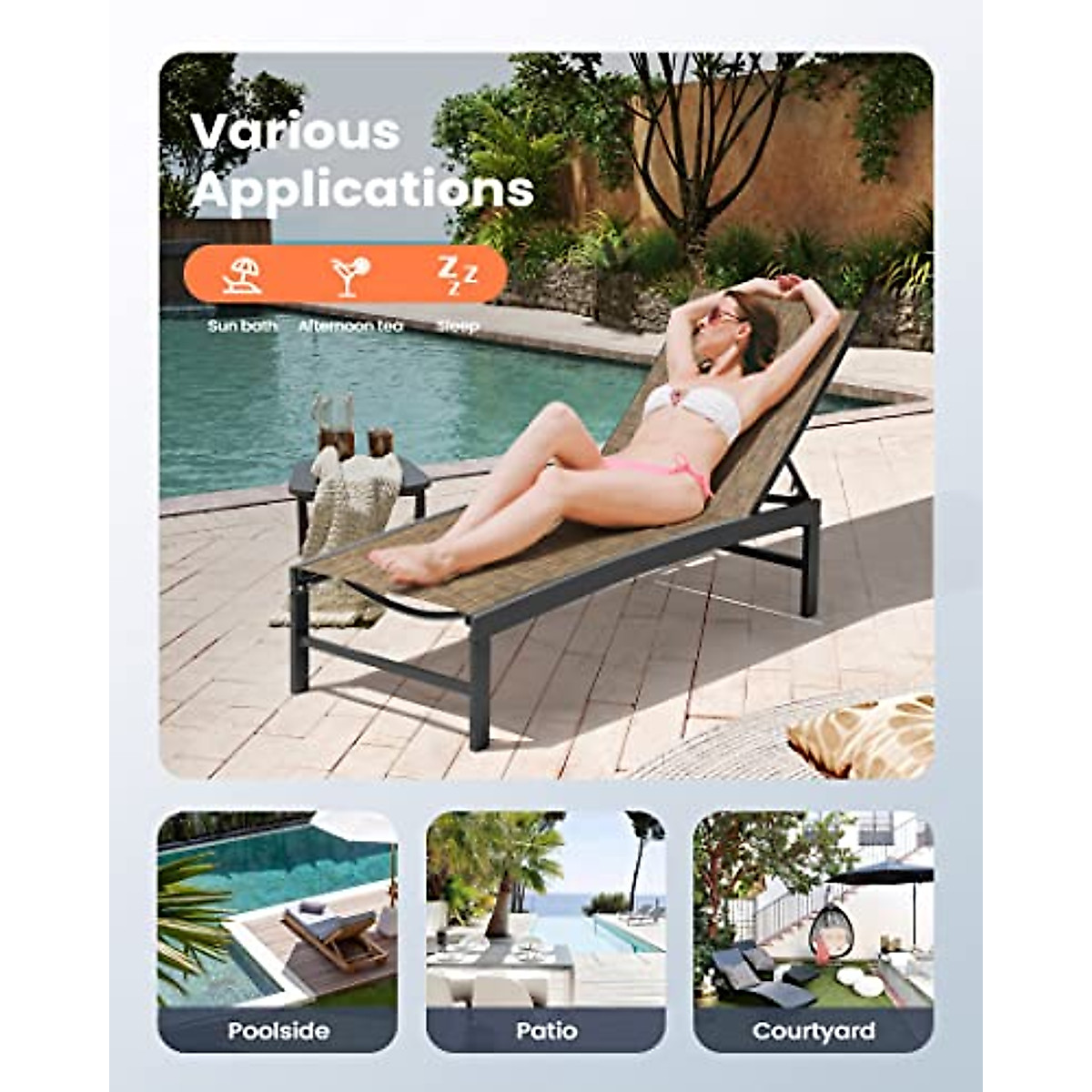 Pellebant Outdoor Lounge Chairs Set of 2, Patio Aluminum Chaise Lounge with Adjustable Backrest, Rustproof Pool Lounge Chairs for Pool Deck Sunbath(2pcs,Grey&Brown)