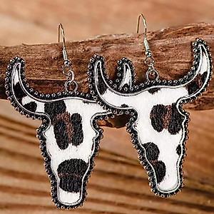 Handmade Funny Western Cowgirl Cowboy Cow Bull Cattle Head Animal Cow Print Drop Dangle Bohemian Ethnic Boho Vintage Earrings Jewelry for Women-1