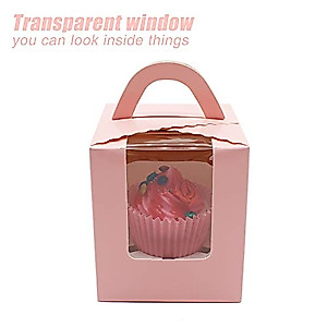 25 Pcs Pink Paper Cupcakes Boxes,Portable Single Individual Cupcake Gift Boxes with Window Inserts Handle for Wedding Candy Boxes (Pink)