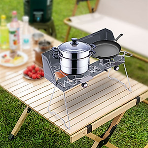 Stainless Steel Portable Butane Gas 9000w Dual Burner Gray Cooking Stove Camping Stoves with Foldable Legs Portable Bag and 3 Wind Panels for Party Picnic and Outdoor Cooking