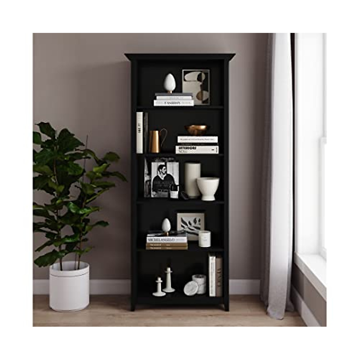 SIMPLIHOME Amherst SOLID WOOD 70 inch x 30 inch Transitional 5 Shelf Bookcase in Black with 5 Shelves, for the Living Room, Study and Office
