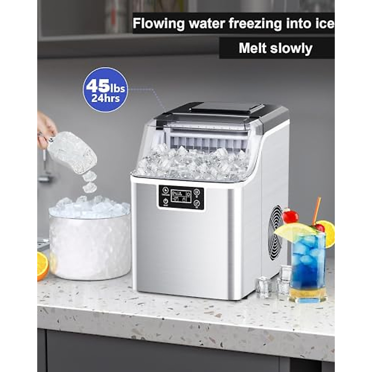 Kndko Ice Cube Maker Machine Countertop, 2 Ways to Add Water, 45Lbs/Day, 24 Pcs Ready in 13 Mins, 2.6 lbs Capacity, Ice Makers Countertop with 24H Timer for Home Bar RV,Stainless Steel Ice Maker