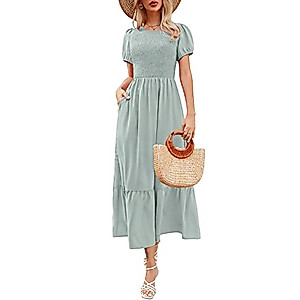 Annebouti 2023 Women's Summer Puff Short Sleeve Dress Modest Flowy A Line Ruffle Tiered Long Casual Smocked Maxi Dress with Pockets Solid Light Green S