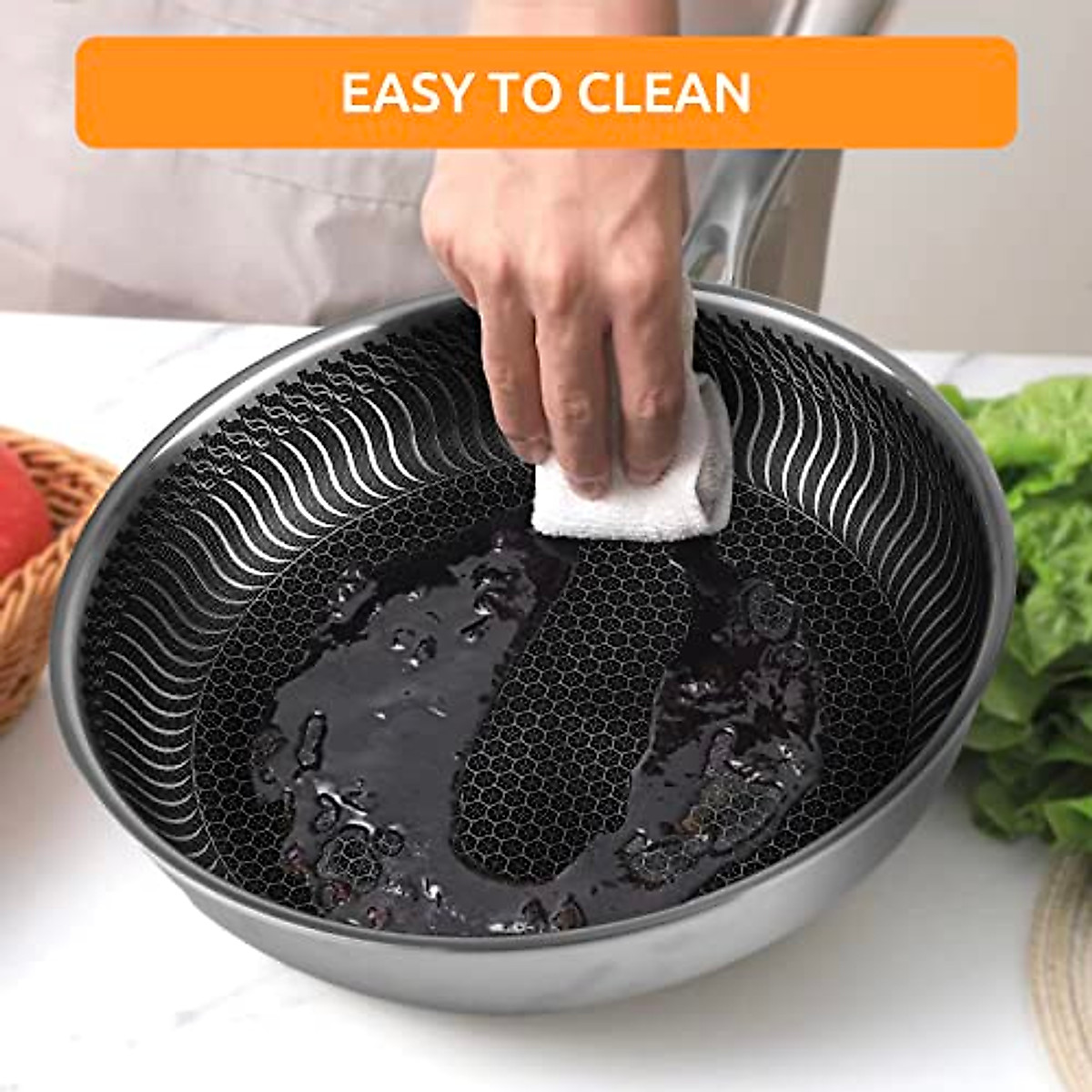 Vegoran 11 inch Nonstick Frying Pan with Lid, 304 Stainless Steel Honeycomb Skillet with Handle, Oven Safe, Scratch Resistant, Easy Clean