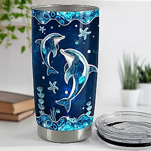 SANDJEST Dolphin Gifts for Women Girls Dolphin Tumbler 20oz Jewelry Drawings Stainless Steel Insulated Tumblers Coffee Travel Mug Cup Gift for Birthday Christmas