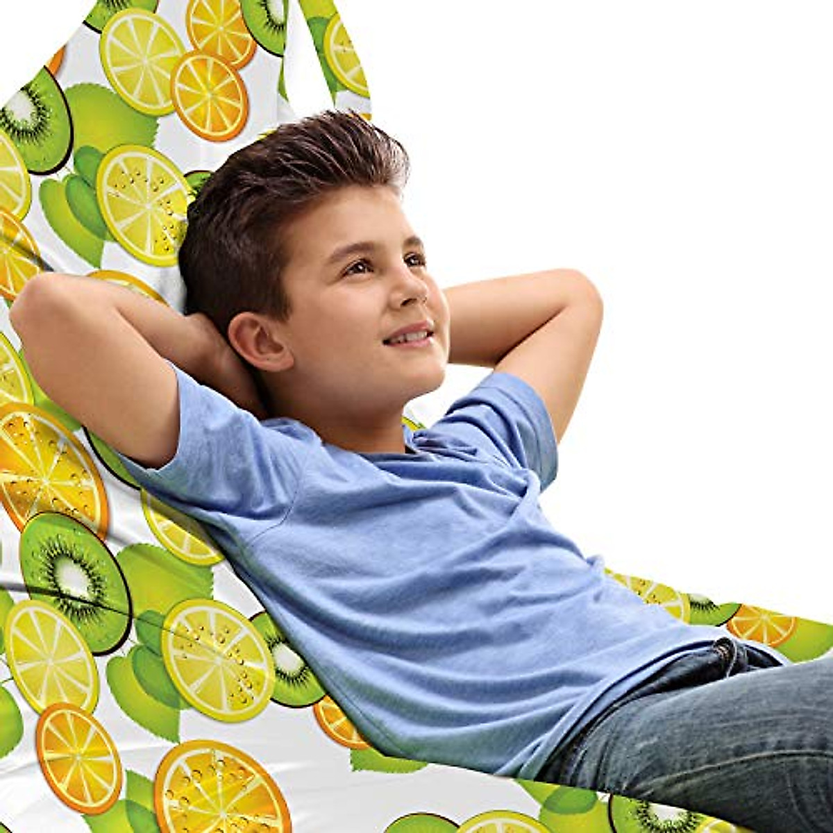 Lunarable Fruits Lounger Chair Bag, Pattern with Slice Orange, Kiwi and Lemon Water Drops Vegetation Gastronomic, High Capacity Storage with Handle Container, Lounger Size, Apple Green Yellow