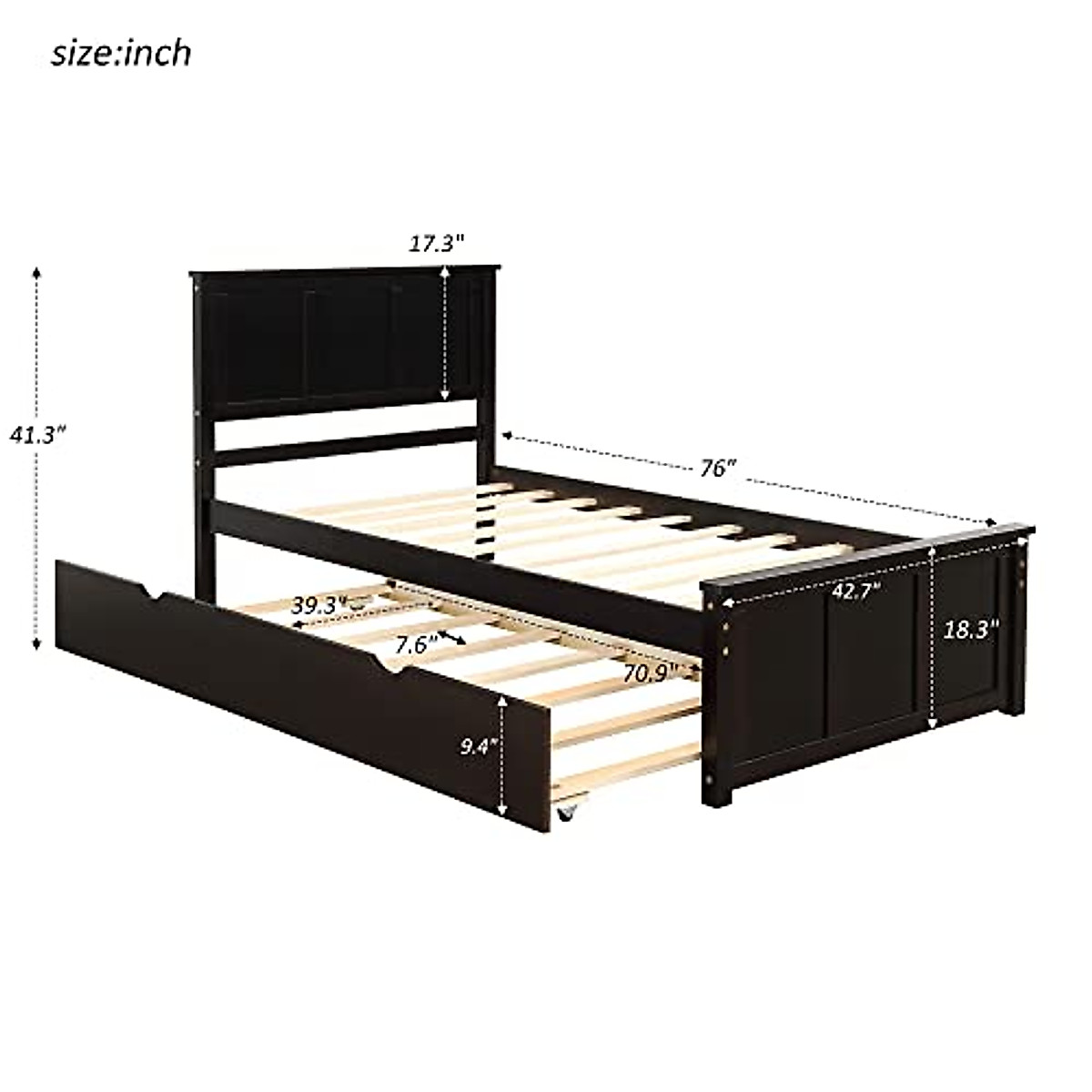 CITYLIGHT Twin Bed Frame with Trundle, Twin Trundle Bed with Headboard, Wood Twin Platform Bed for Kids,Girls,Boys or Guest Room,No Box Spring Needed,Espresso