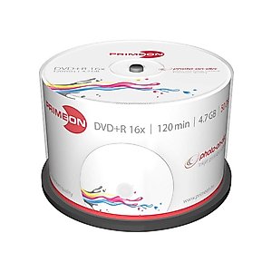 Primeon DVD+R 4.7GB/120min/16x Cake Box, Photo-on-Disc, Inkjet Full Size Printable Surface (50 Disc), White, 2761226