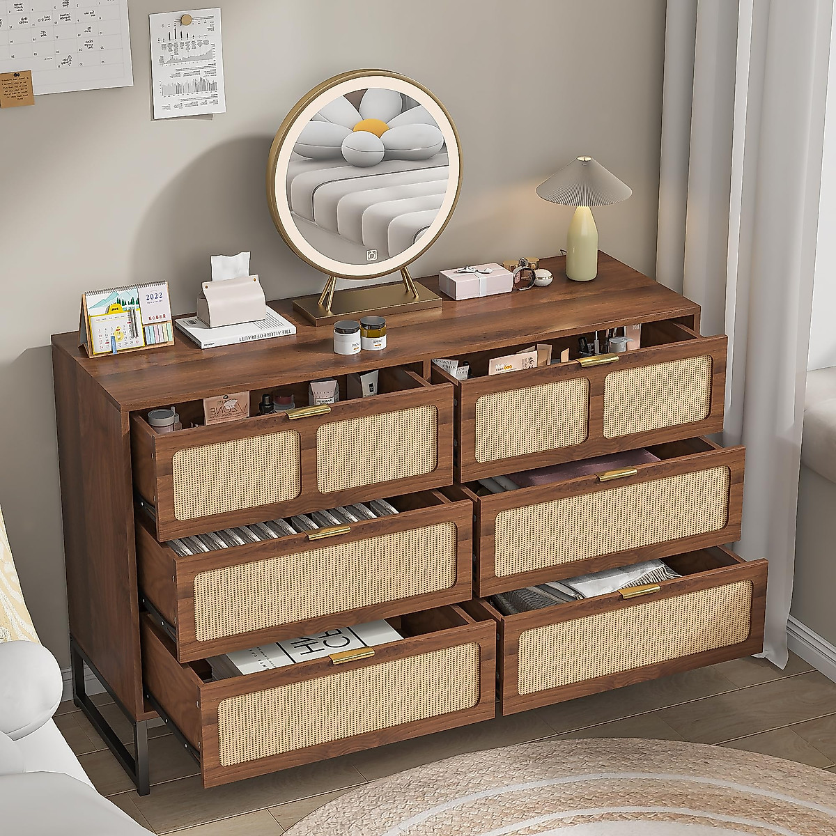 Rattan 6 Drawer Dresser Mid Century Modern Dresser Chest of Drawers Boho Farmhouse 6 Drawer Cabinet with Wide Drawers Metal Legs Storage Dressers Chest for Bedroom, Living Room