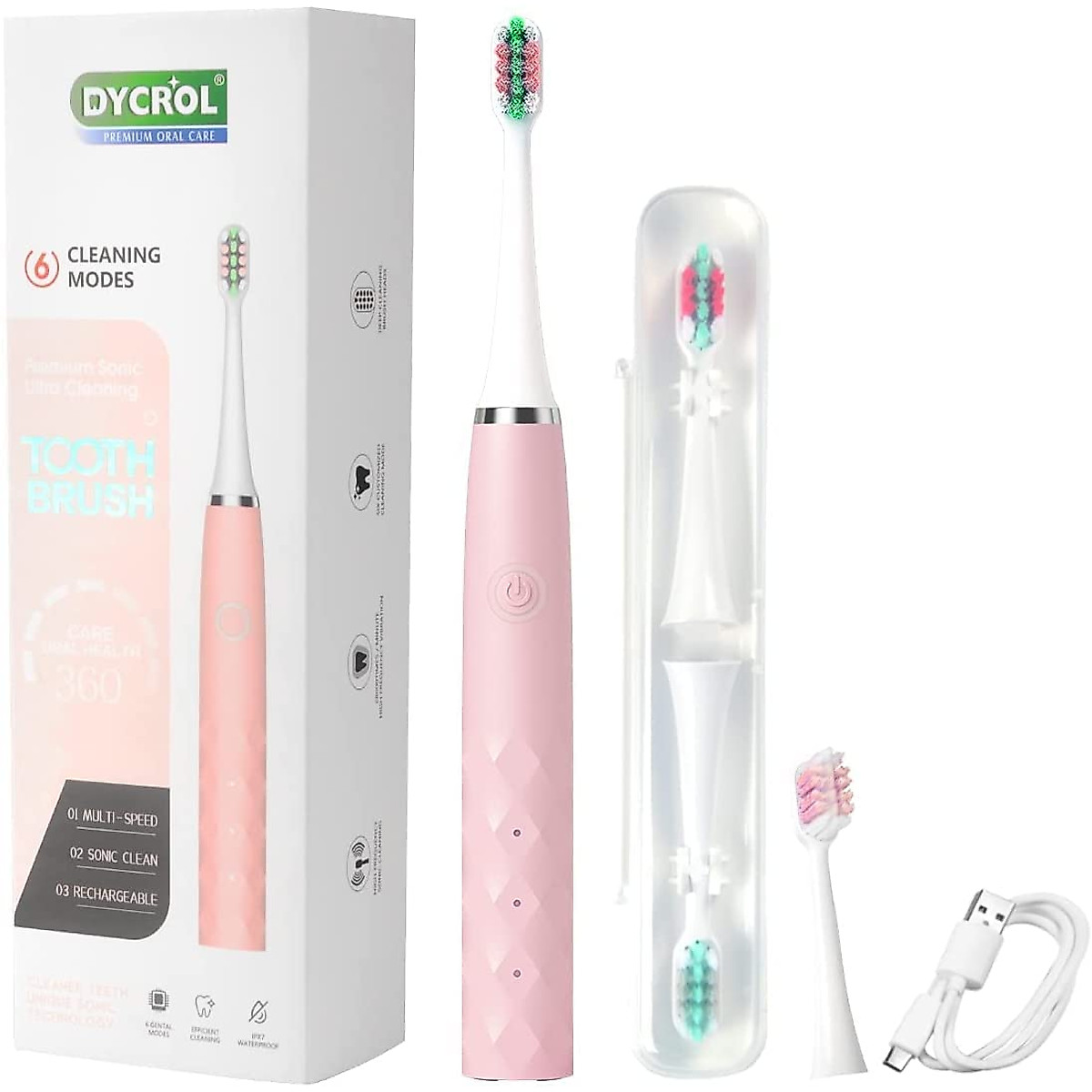 Electric Toothbrush for Adults, 4 Brush Heads and Travel case, 2 Hours Fast Charge for 50 Days, 6 Adjustable Modes Built-in 2-Minute Smart Timer IP7 Waterproof 36000 VPM Deep Clean (Pink)