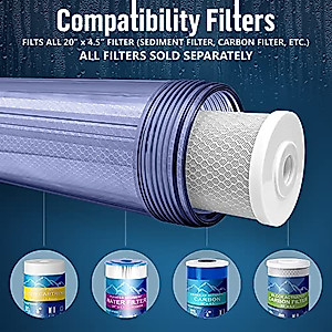 High Capacity 20 x 4.5” Whole House Filter Purifier System for Well or City Water, Presser Relief Button, 1” NPT Brass Port, Double O-Ring, Meets NSF Standards & Regulations (Transparent, 1 Set)