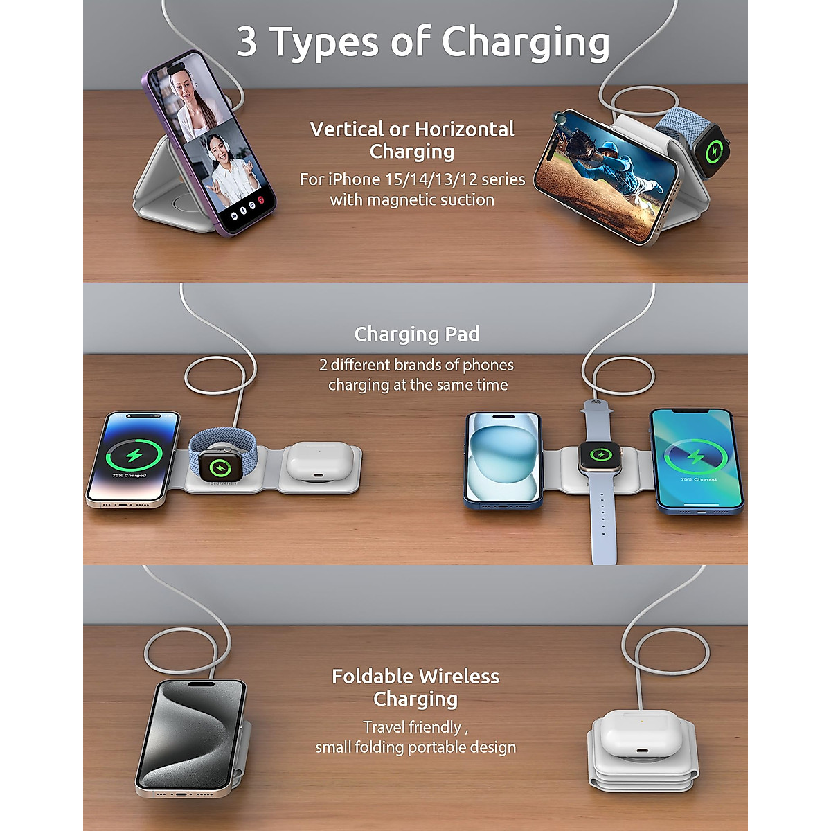 Foldable Wireless Charger, 3 in 1 Wireless Charging Station for iPhone 15/14/13/12/11 Pro Max/X/XS, Fast Magnetic Travel Wireless Charging Pad for AirPods 3/2/Pro Apple Watch