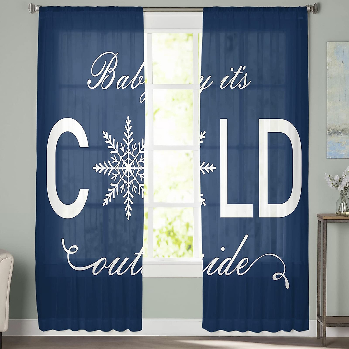 2 Panels Semi Sheer Curtains 108 Inche Length, Christmas Sheer Curtain Rod Pocket Kitchen Curtains Drapes, Chiffon Window Treatments for Living Room Bedroom Cold Winter Snowflakes Blue Backdrop