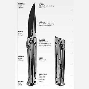 Kershaw Noventa Pocket Knife, 3.3 inch Stonewashed D2 Steel Blade with KVT Ball Bearings, Stainless Steel Handle, Pocketclip,black