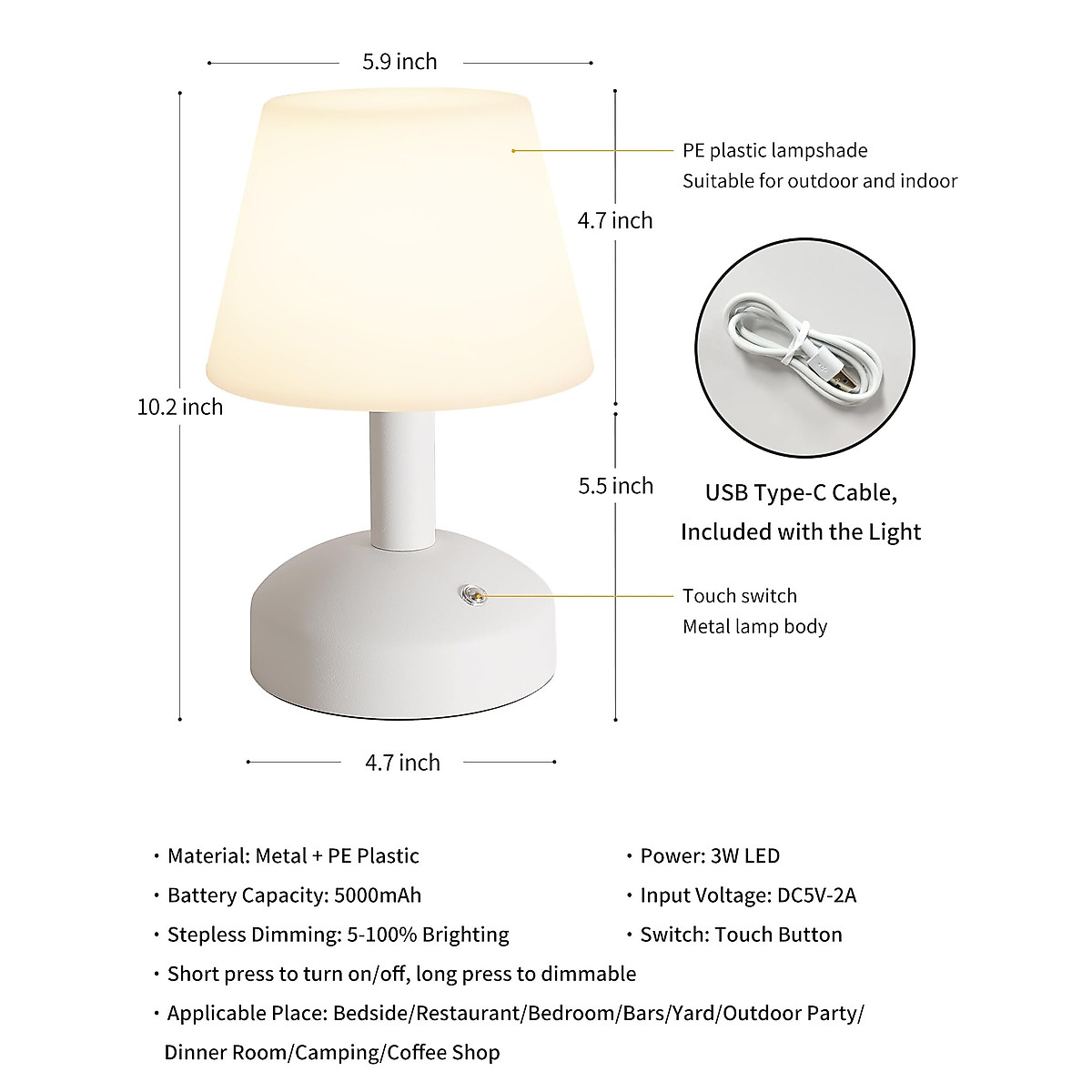 KDG Modern Cordless Small Table Lamps, Outdoor Portable Shower Waterproof LED Dimmable Desk Lamp, 5000mAh Rechargeable Battery Operated Lighting for Restaurant, Bedroom, Bathroom, Night Light (White)