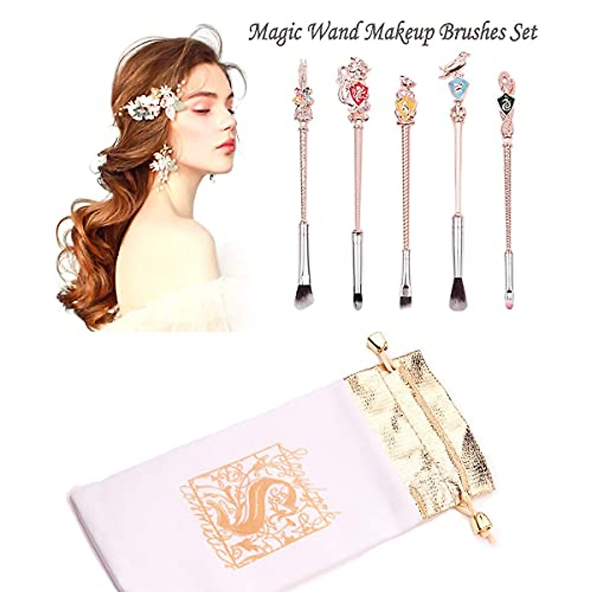 Potter Makeup Brush Set for Women with Gift Bag 5pcs Metal Magic Eye Shadow Eyeliner Blending Pencil Lip Brush Beauty Tools (Rose Gold)