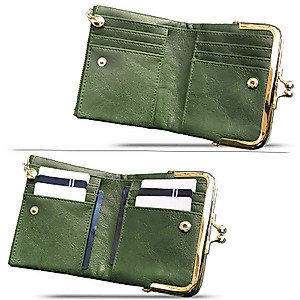 PofeeXIO Womens Wallet RFID Small Compact Bifold Leather Vintage Wallet,Ladies Coin Purse with Zipper and Kiss Lock (Green)