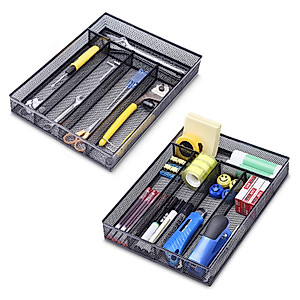 WuGeShop Silverware Drawer Organizer Black, Kitchen Drawer Organizer Metal Mesh Utensil Tray Non-Slip Cutlery Tray, 5 Compartments