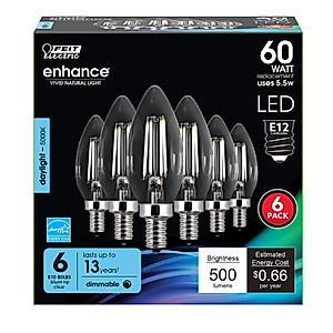 Feit Electric 60W Equivalent Candelabra LED Light Bulb, Dimmable, E12 Base, 5000K Daylight, B10 Filament Torpedo Tip Decorative Lighting Bulbs, 13-Year Lifetime, CTC60/950CA/FIL/6, 6-Pack