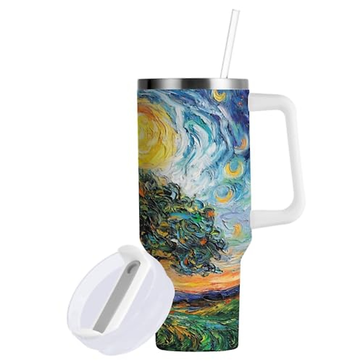 RPLIFE Starry Night Beautiful Tree Blue Coffee Tumbler with Handle, Stainless Steel Coffee Tumbler, Drinking Cups with Lids and Straws