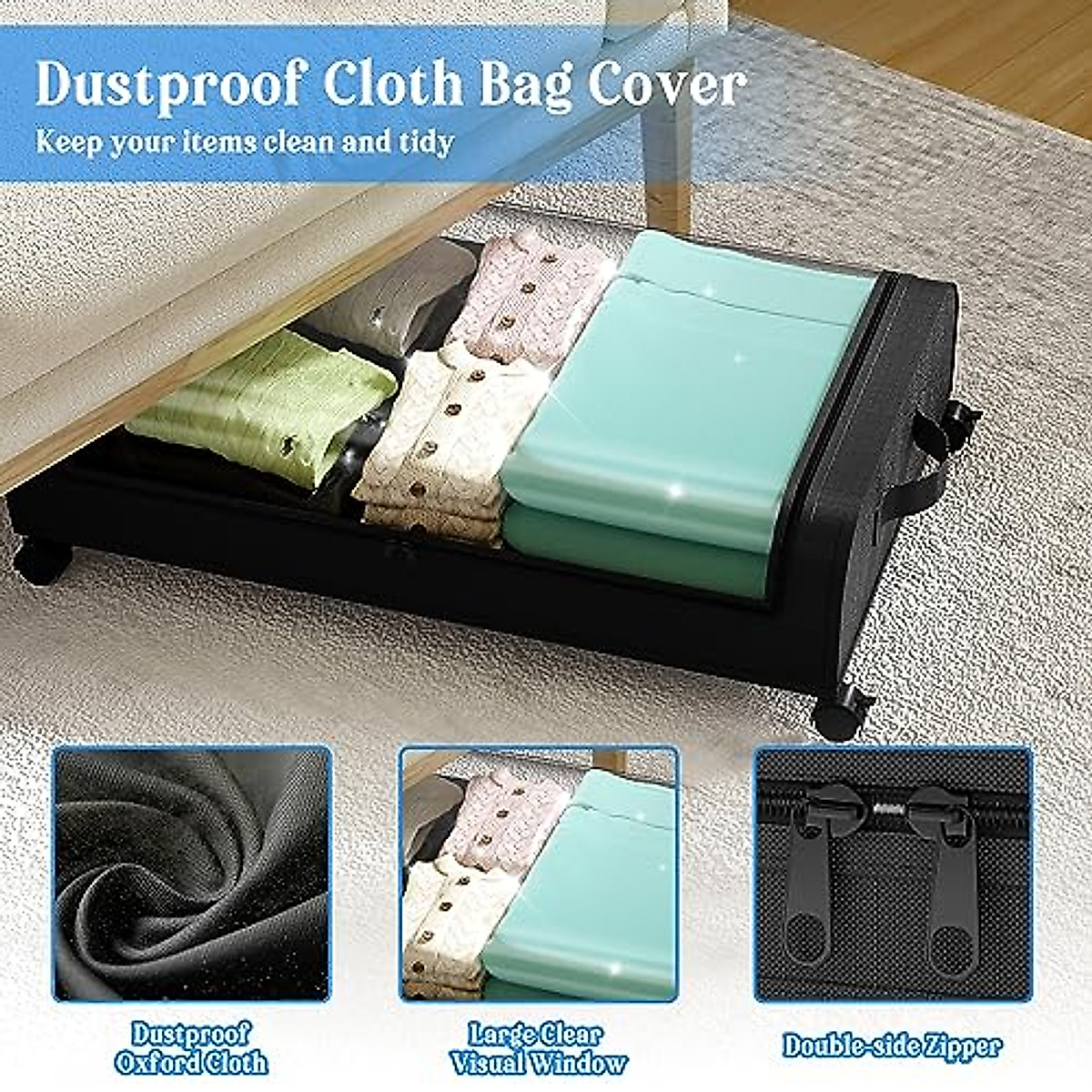 Under Bed Storage with Wheels and Lids, Rolling Underbed Storage Containers, Metal Under the Bed Shoe Storage Organizer with Bag Cover, Under Bed Storage Drawer Bins for Clothes Shoes(2 Pack Black)