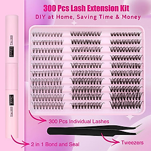 Eyelash Extensions Kit 300 Pcs Lash Clusters Individual Lashes with Strong Hold Lash Bond and Seal and Cluster Eyelashes Applicator Tool (20D/30D/40D)