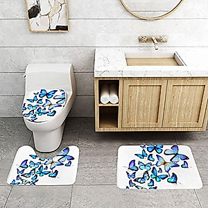 ASEELO Blue Butterfly Bathroom Rugs Sets 3 Piece with Toilet Cover, Bath Mats,U-Shaped Contour Mat,for Bathroom,Tub