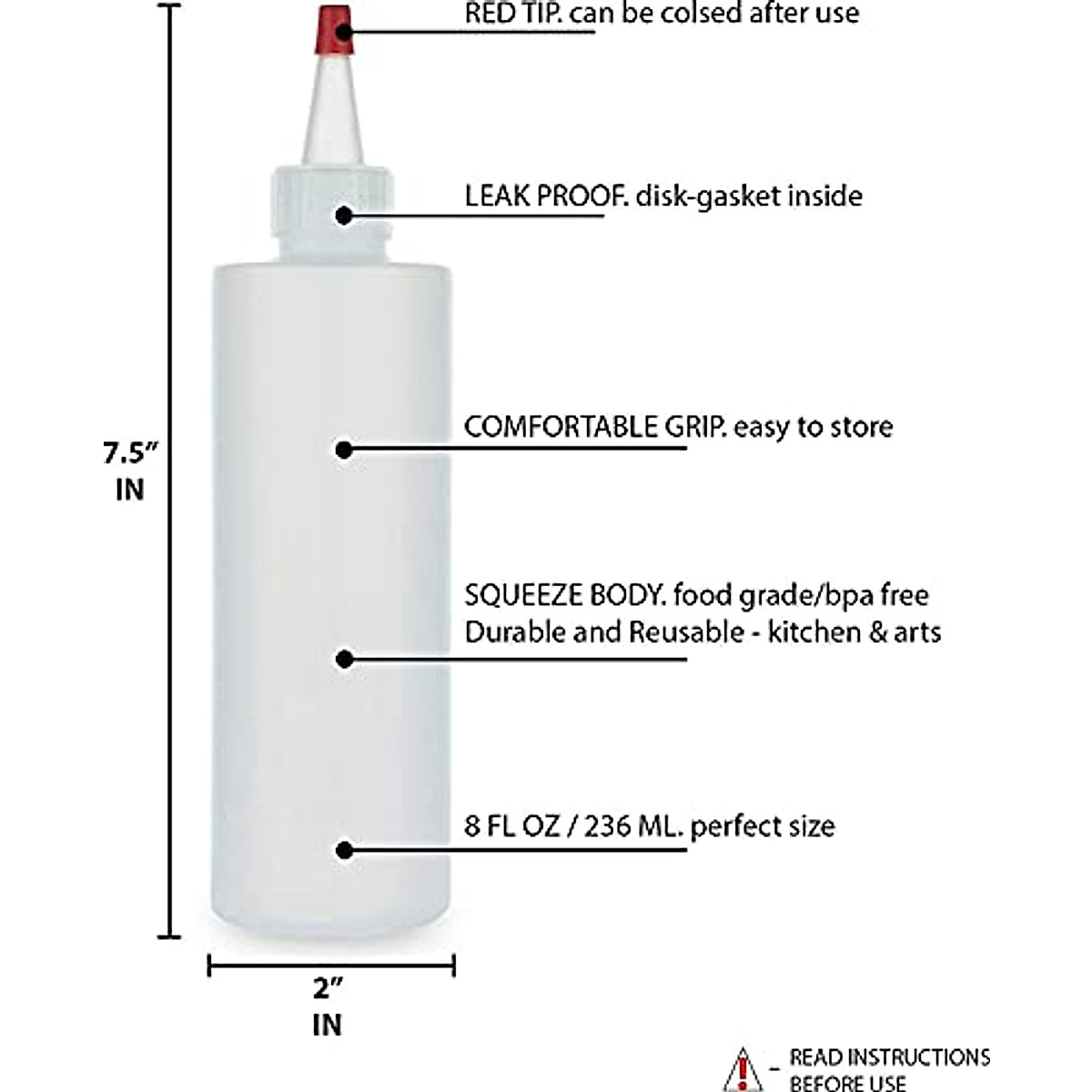 Condiment Squeeze Bottles, 8 OZ Empty Squirt Bottle, Red Top Cap, Leak Proof - for Ketchup, Mustard, Syrup, Sauces, Dressing, Oil, Arts & Crafts, BPA FREE Plastic - Perfect for Kitchen - 2 PACK